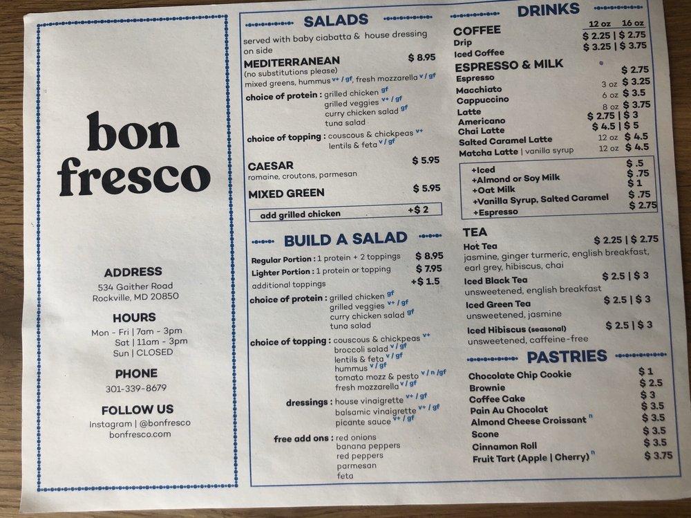 Menu at Bon Fresco restaurant, Rockville