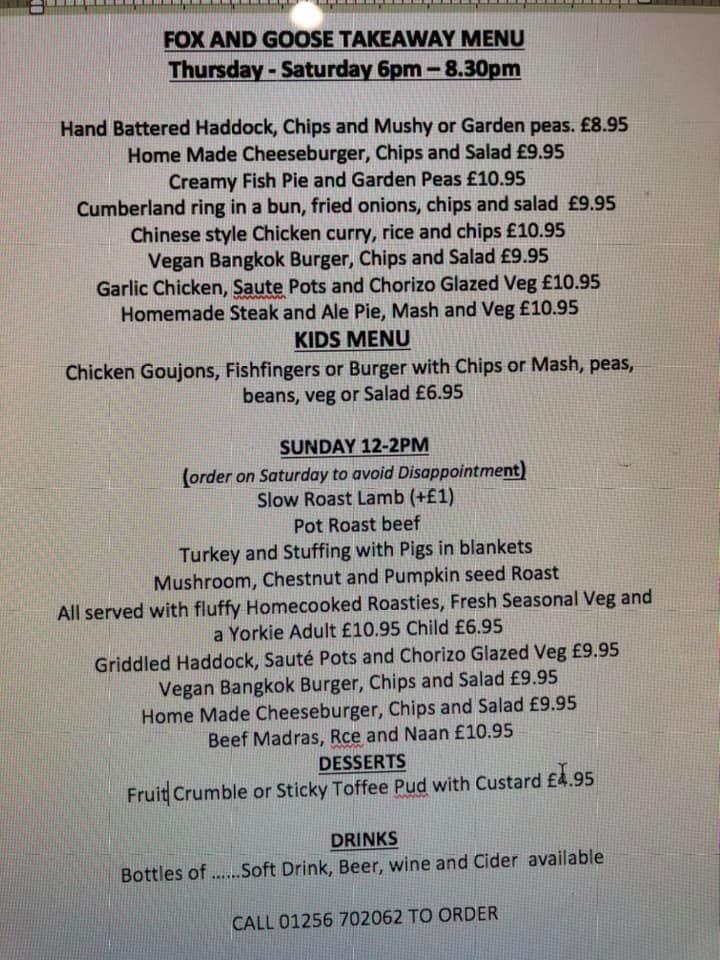 Menu at Fox & Goose pub & bar, Greywell, The St