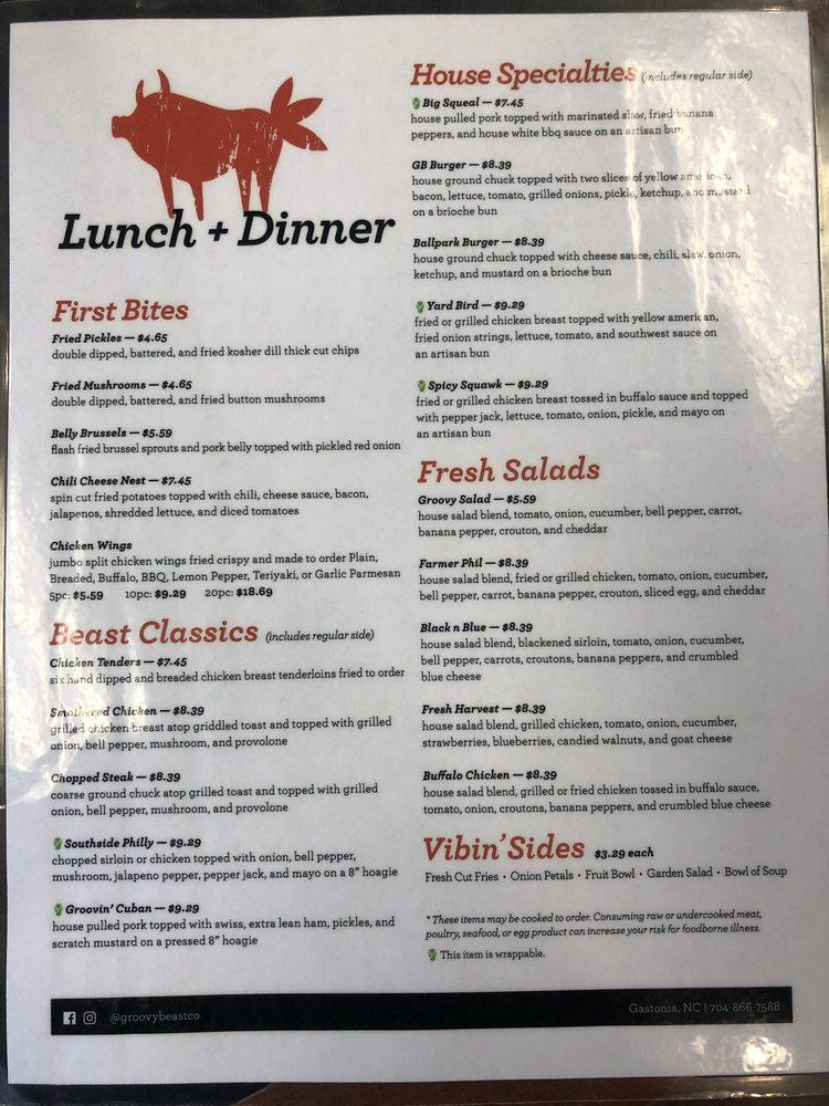 Menu at Groovy Beast restaurant, Gastonia