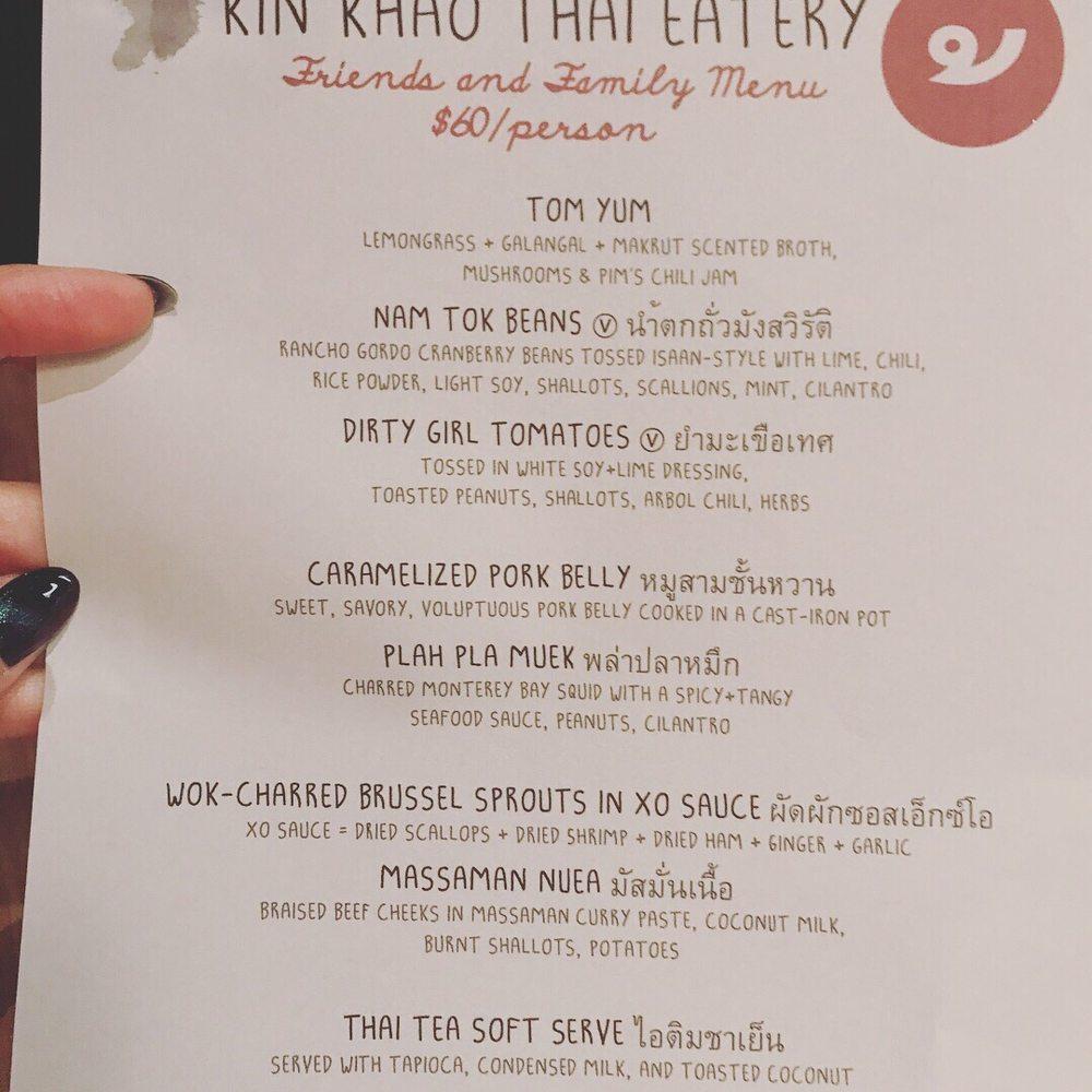 Menu at Kin Khao restaurant, San Francisco