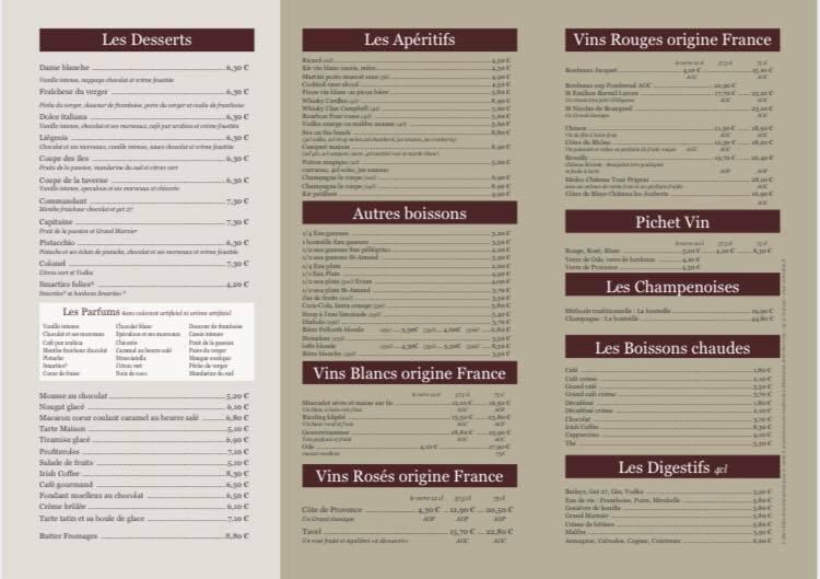 Menu au La Taverne de Lutèce restaurant, Cambrai