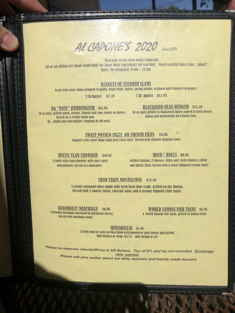 Menu at Al Capone's Seafood and Pizzeria, Puerto Peñasco