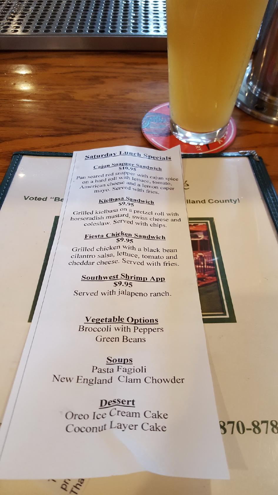 Menu at Casey's Cafe, Ellington