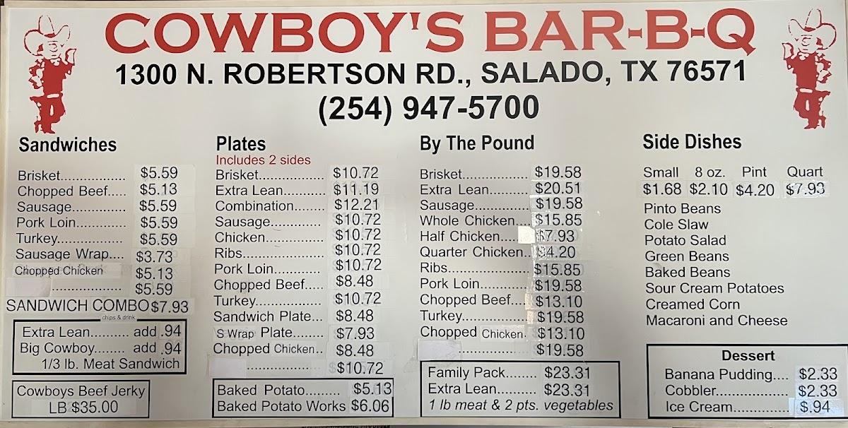 Menu at Cowboy's Bar-B-Que, Salado