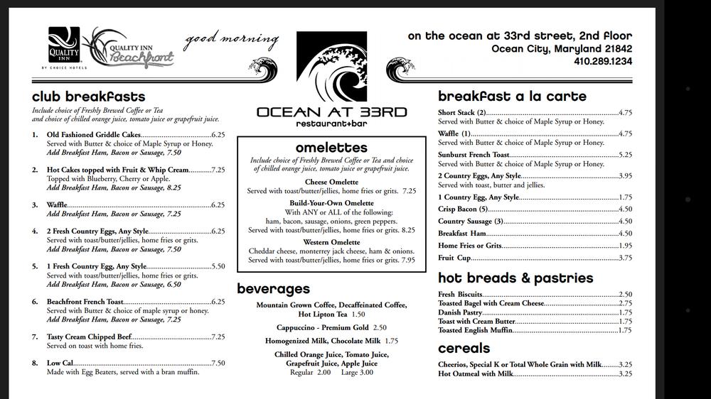 Menu at Oceans at 33rd, Ocean City