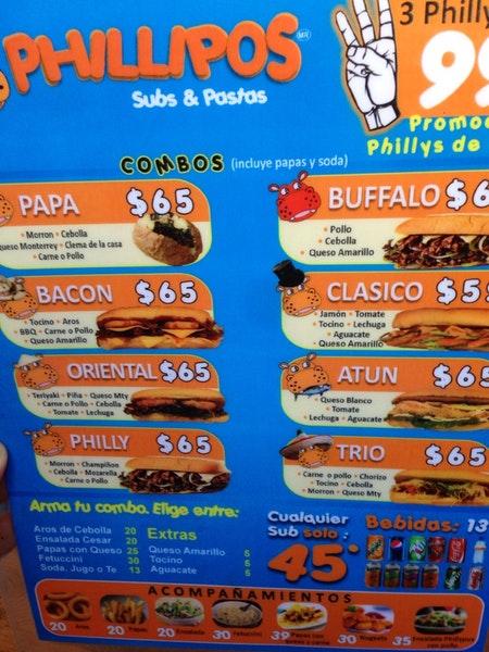 Menu at Phillipos restaurant, Tijuana