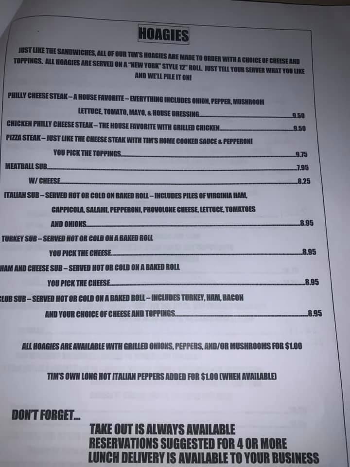 Menu at Tim's American Cafe, Altoona