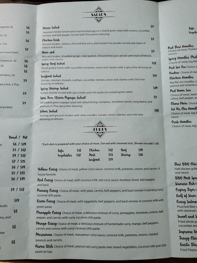 Menu at Imperial Palace Thai Cuisine restaurant, Hiram
