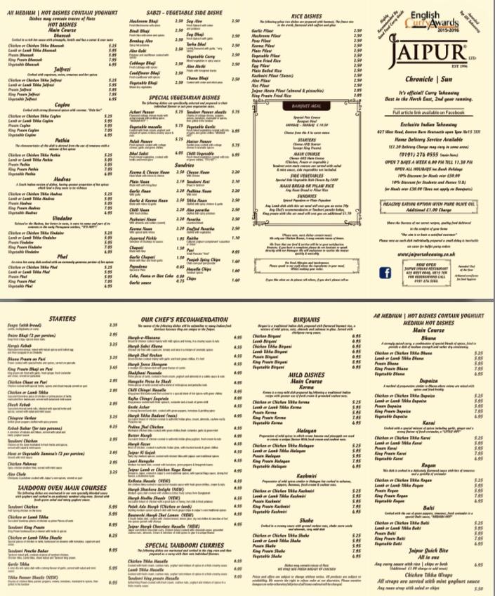 Menu at Jaipur Exclusive Indian Takeaway and Restaurant, Newcastle upon ...