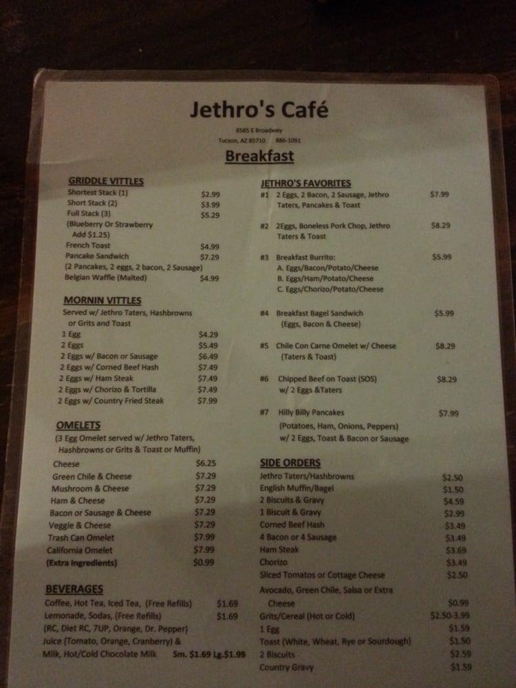 Menu at Jethro's Cafe, Tucson, E Broadway Blvd