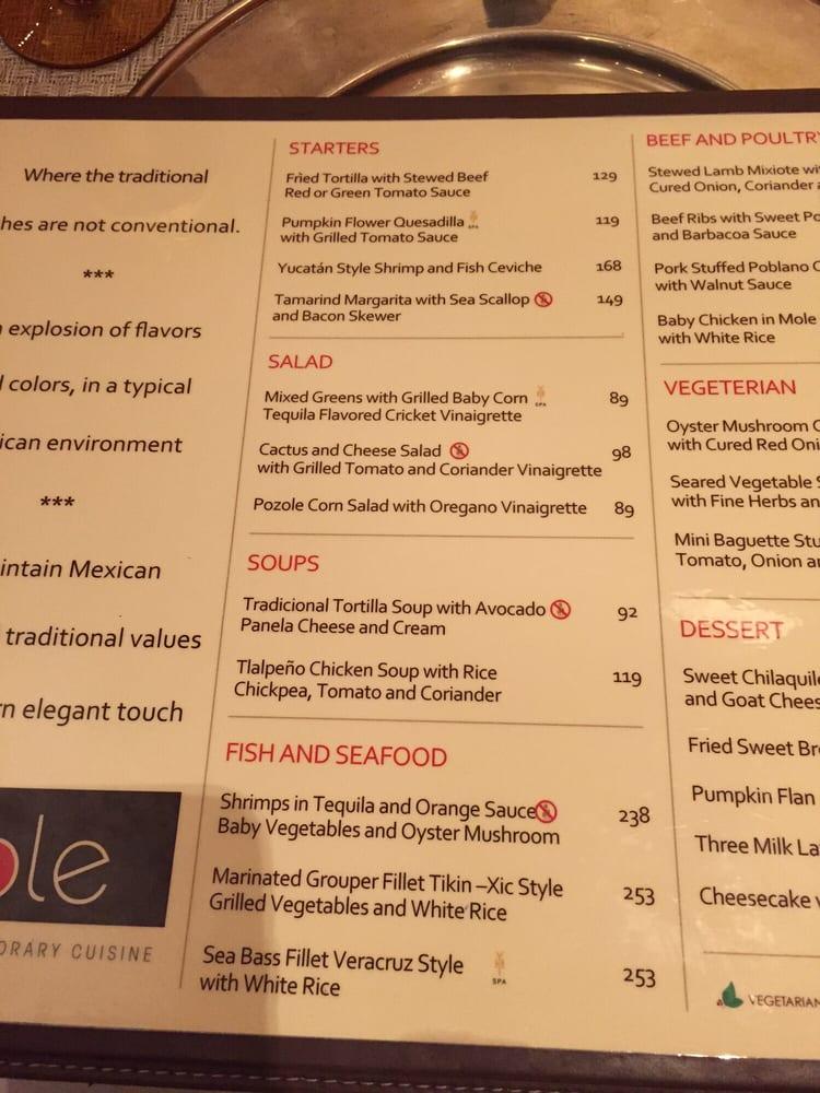 Menu at Cielo restaurant, Cancún