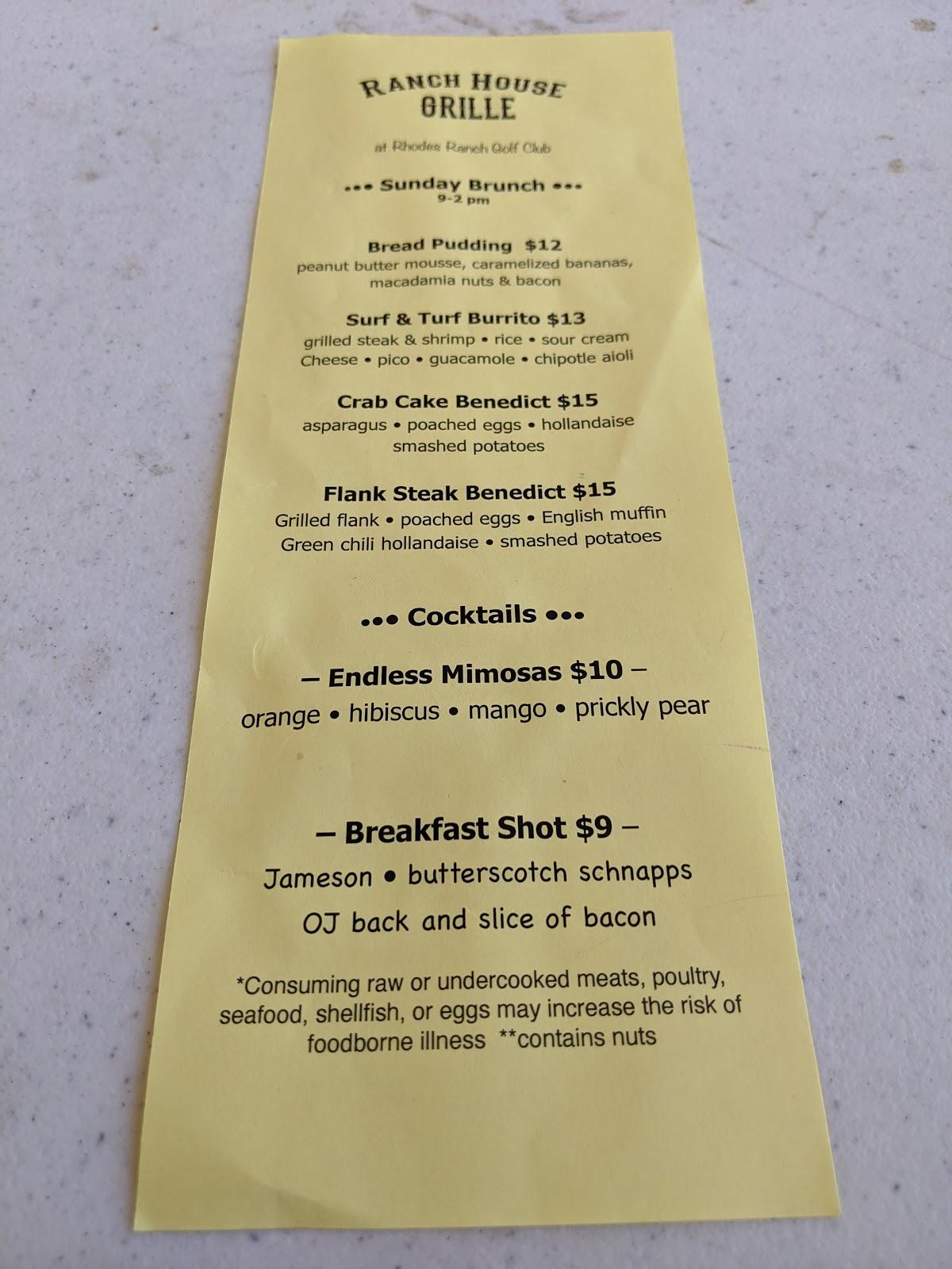 Carta del restaurante Ranch House Grille, Las Vegas
