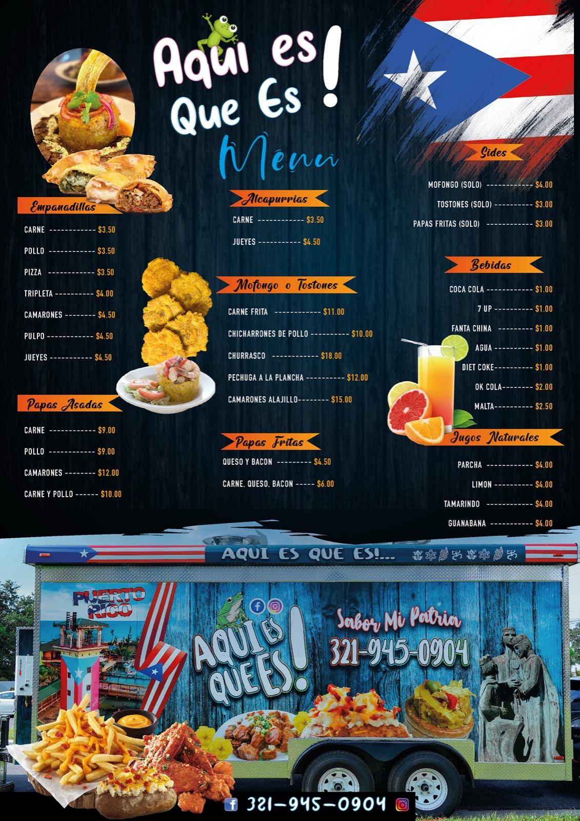 Carta del restaurante Aqui es que es food truck, Orlando