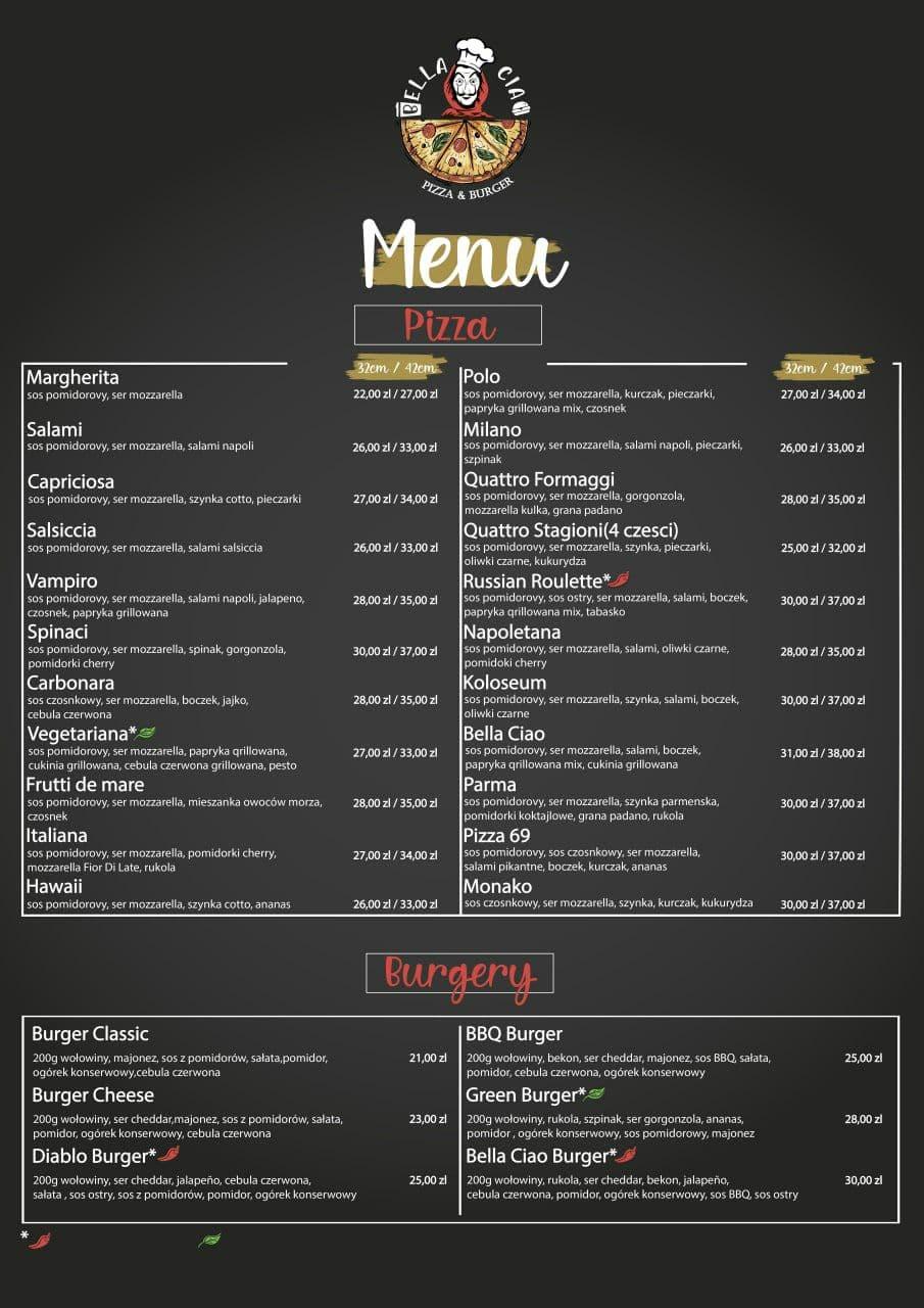 Menu at Bella Ciao Pizza&Burger restaurant, Kraków