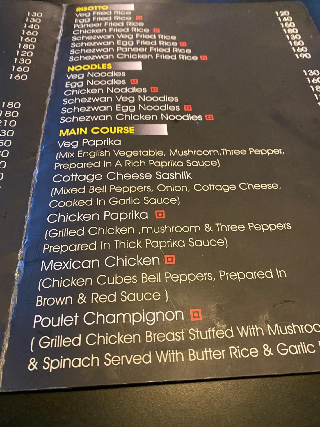 Menu at Bikers Cafe, Mysuru