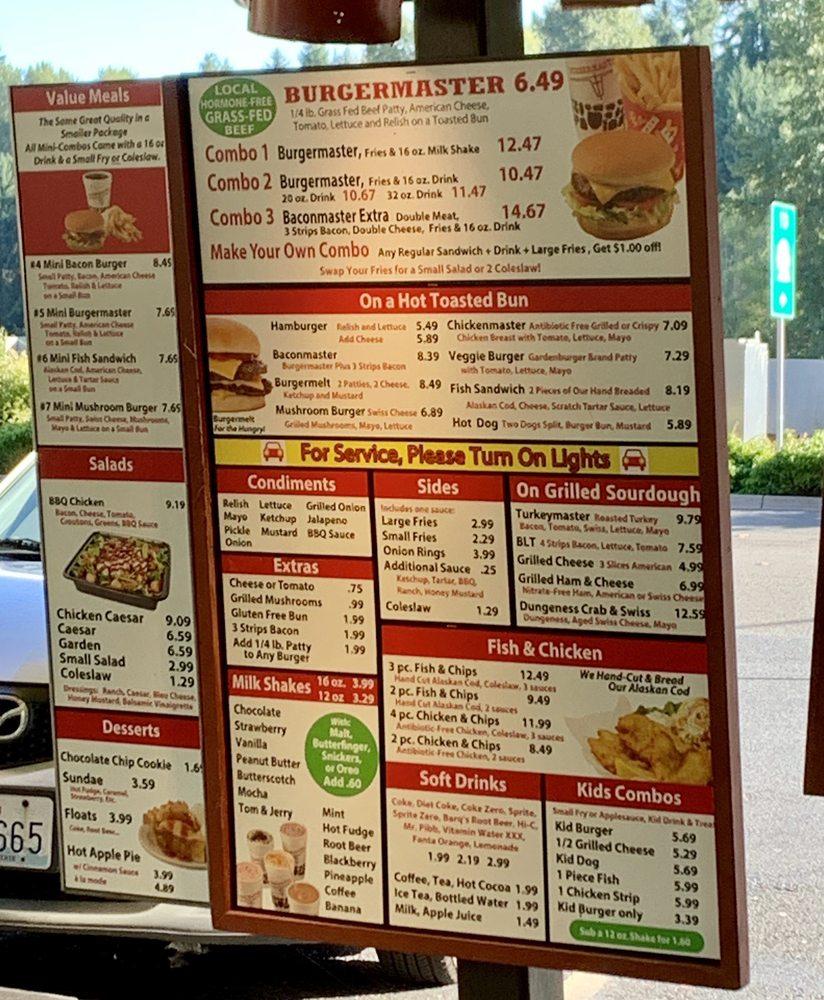 Menu at Burgermaster restaurant, Bellevue