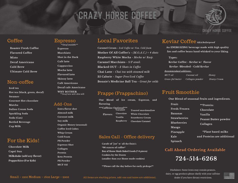 Menu at Crazy Horse Coffee restaurant, Washington