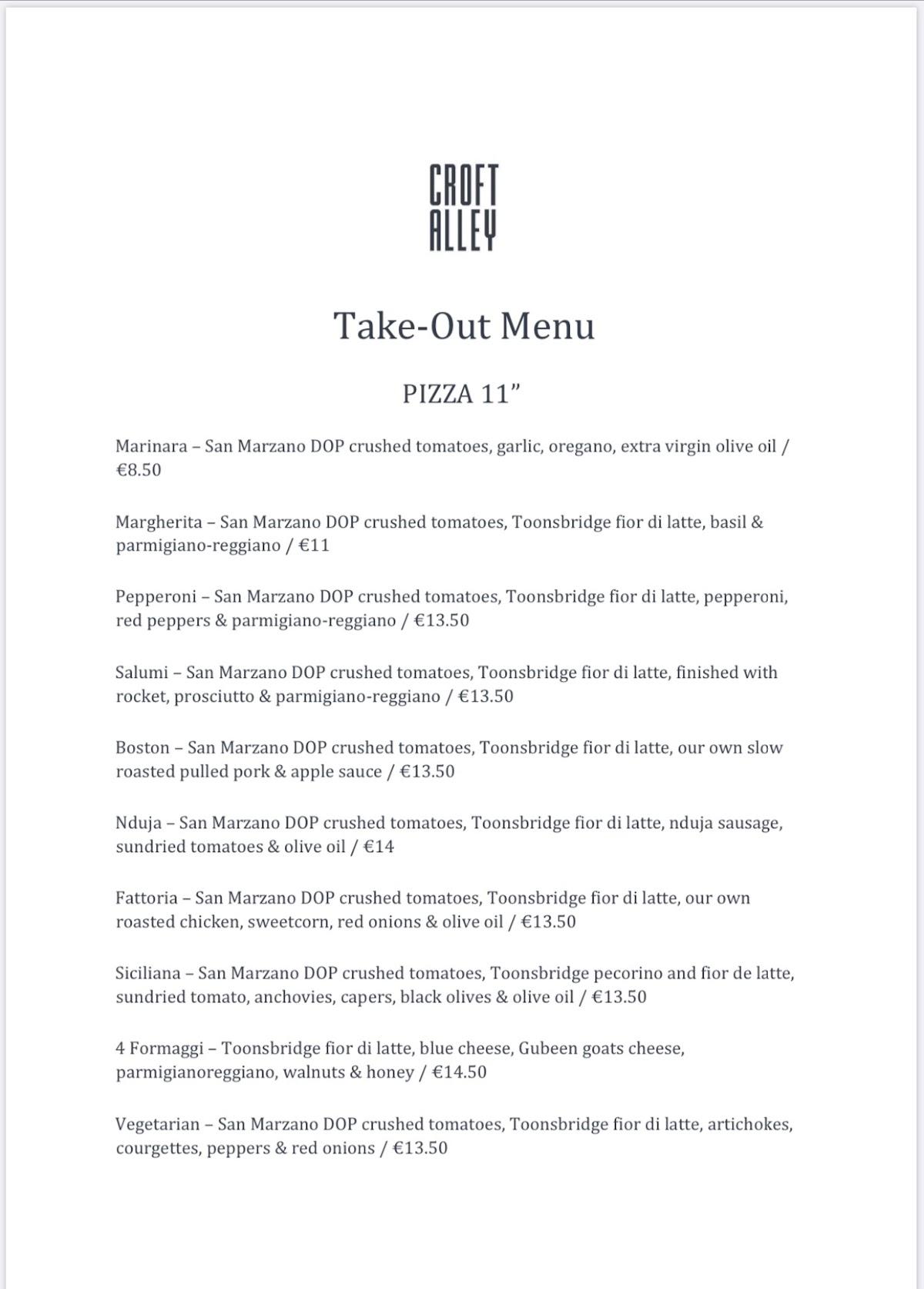 Menu at Croft Alley restaurant, Portlaoise