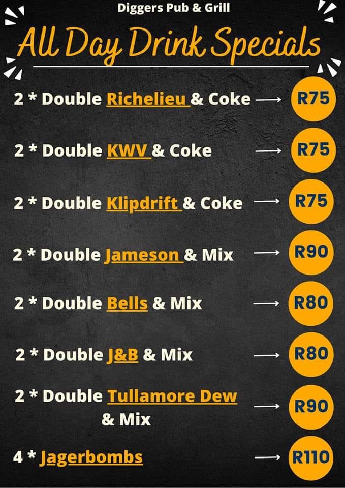 Menu at Diggers Pub & Grill, Randburg, Diggers Rugby Club