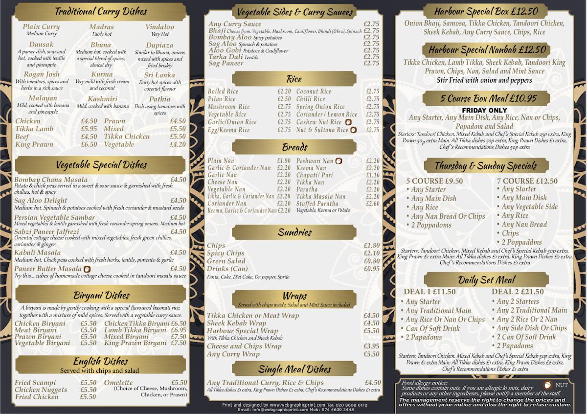 Menu at Harbour Tandoori restaurant, Seaham