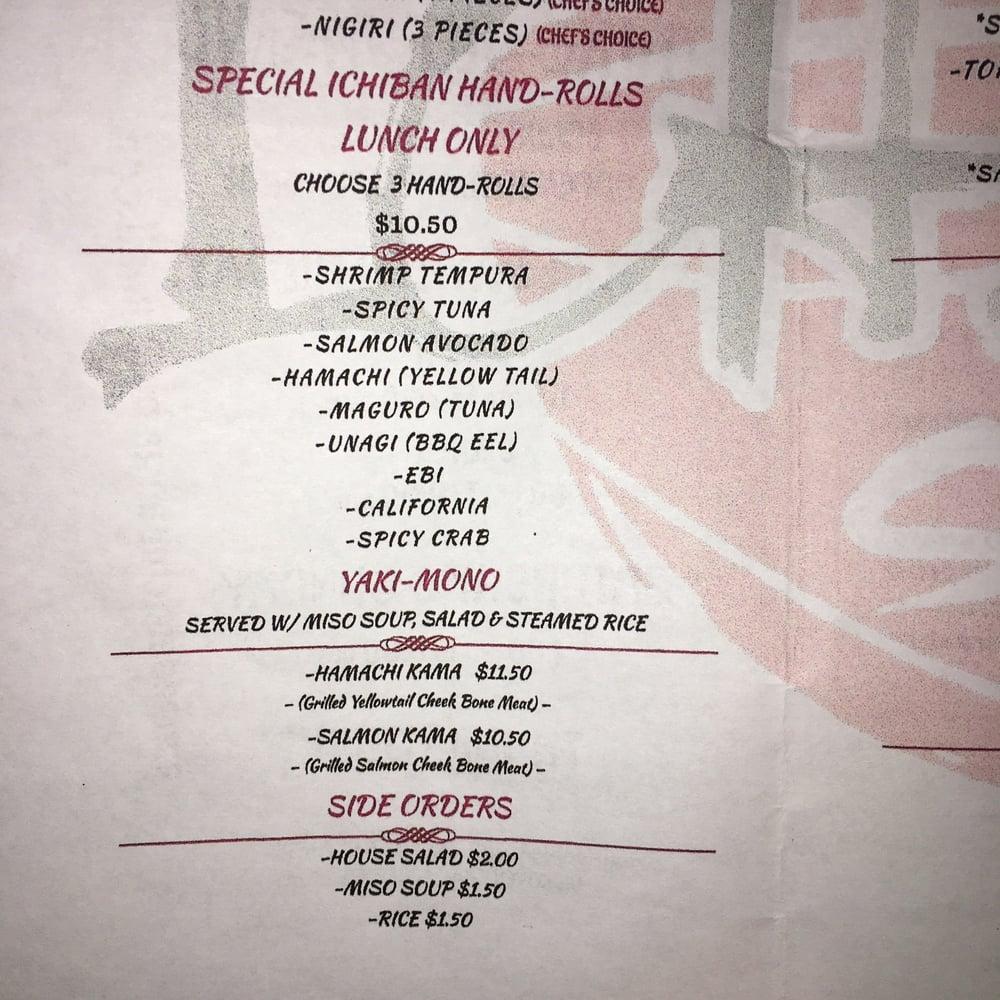 Menu at Ichiban Sushi restaurant, Prunedale
