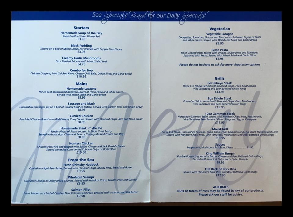 Menu at King William IV pub & bar, Brigg