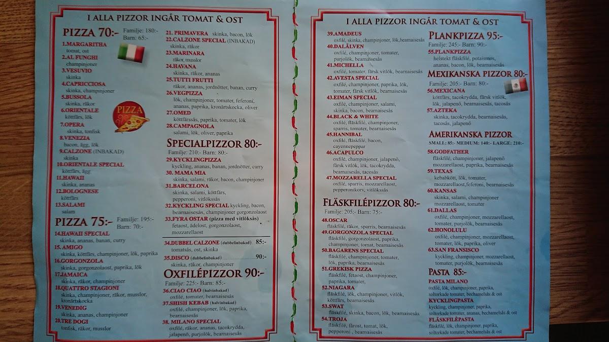 Menu at Pizzeria Milano, Avesta