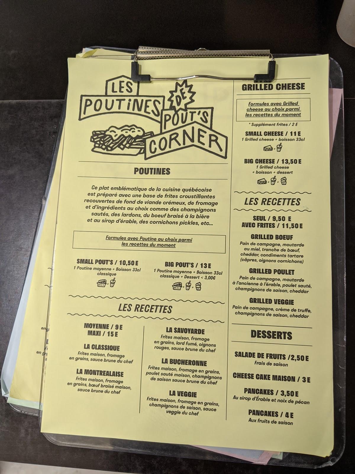 Menu at Pout's Corner - Poutine & Grill cheese restaurant, Lyon