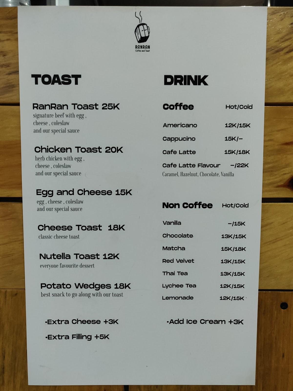 Menu at RanRan Coffee & Toast cafe, Padang