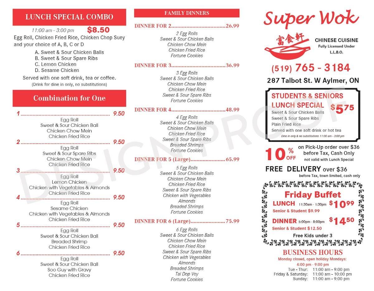 Menu au Super Wok restaurant, Aylmer