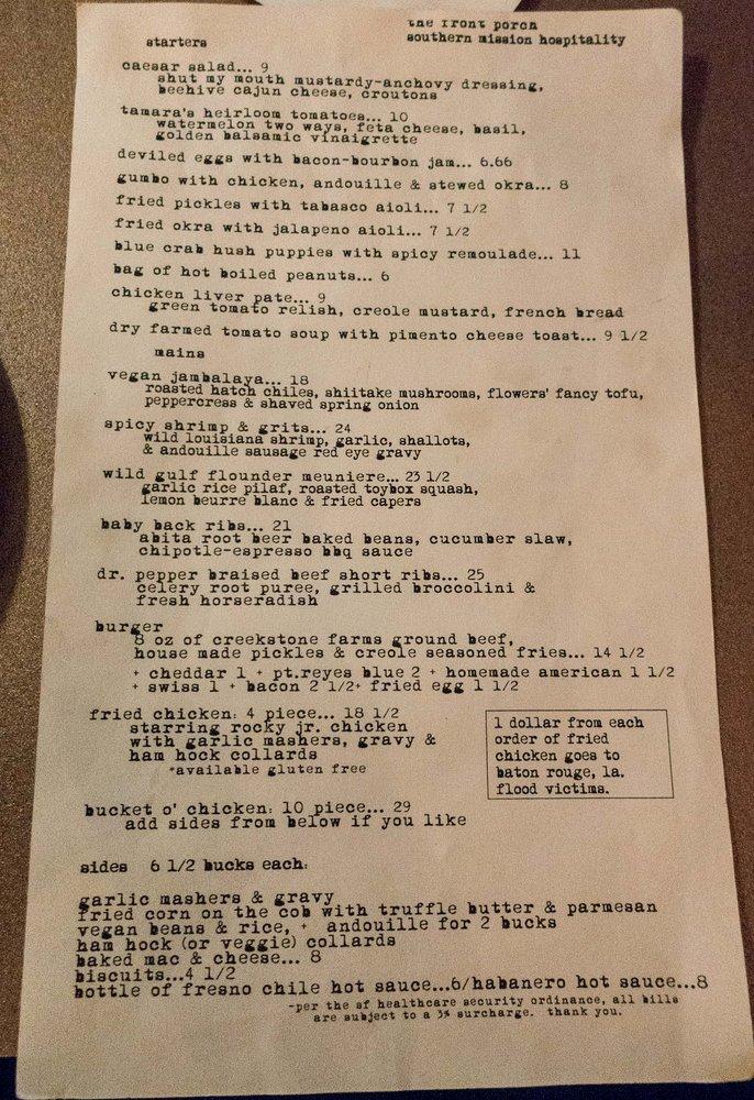 Menu at The Front Porch restaurant, San Francisco