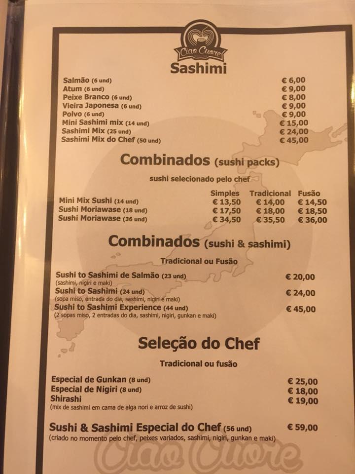 Carta del restaurante Ciao Cuore, Belas, R. Dona Mariana Vitória 13