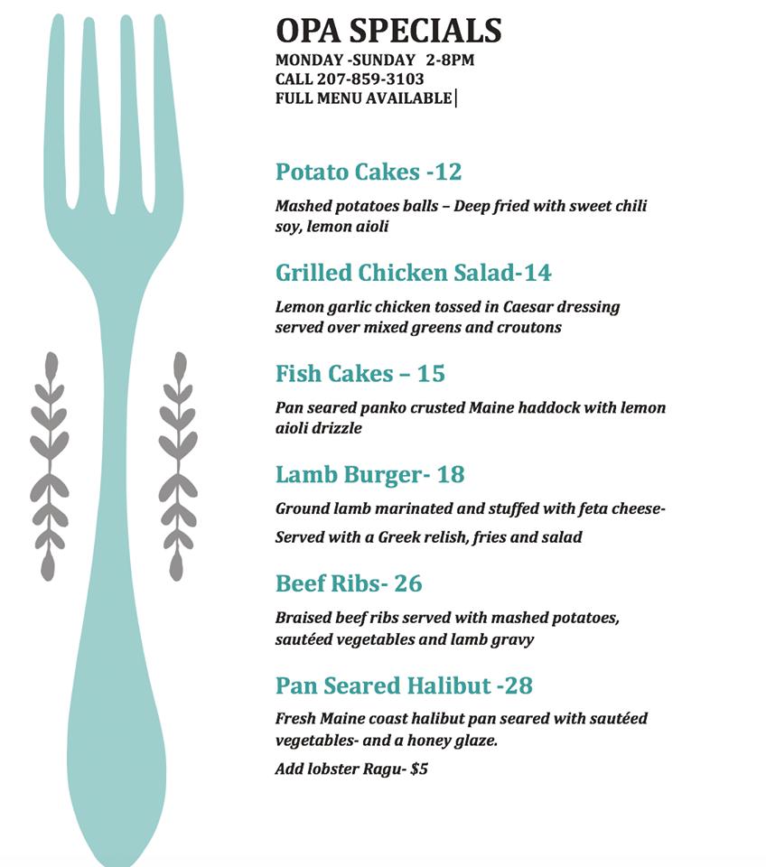 Menu at OPA restaurant, Waterville
