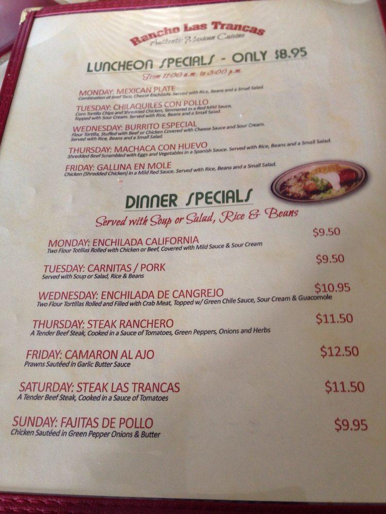 Menu at Rancho Las Trancas restaurant, South San Francisco