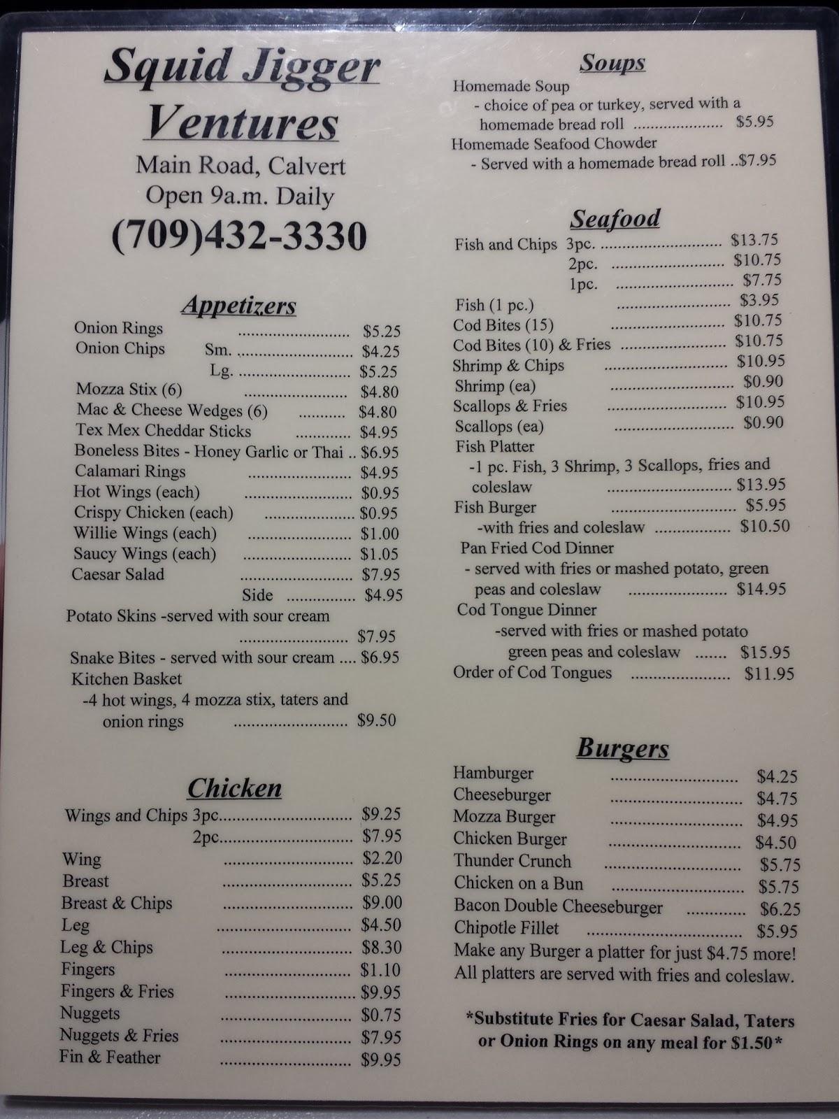 Menu at Squid Jigger on Caplin Bay restaurant, Ferryland, NL-10