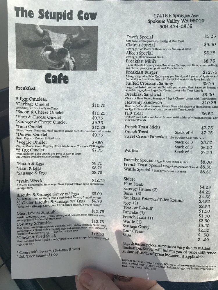 Menu at The Stupid Cow Cafe, Spokane Valley