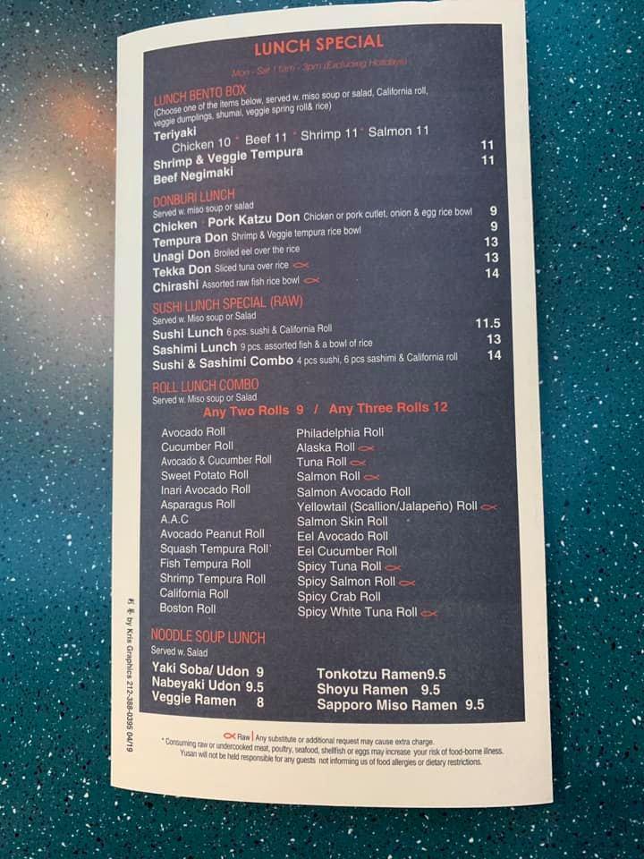 Menu at Yusan Sushi & Ramen restaurant, Stroudsburg