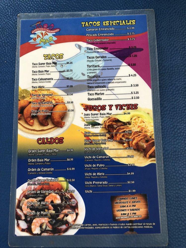 Menu at Mariscos Baja Mar restaurant, Tucson