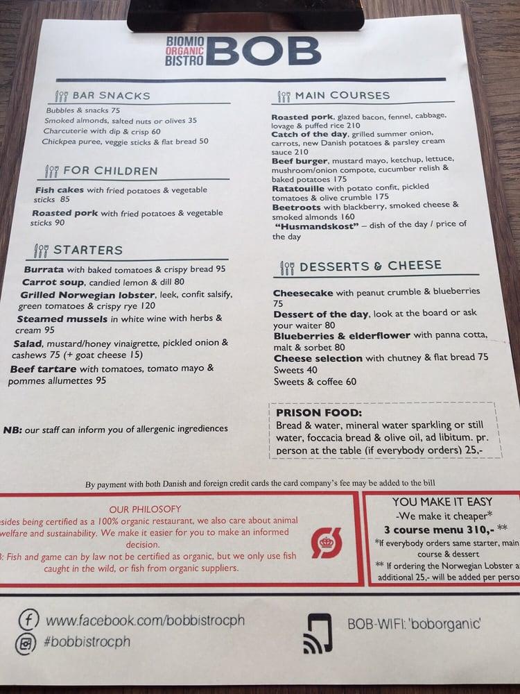 Menu at BOB biomio organic bistro restaurant, Copenhagen