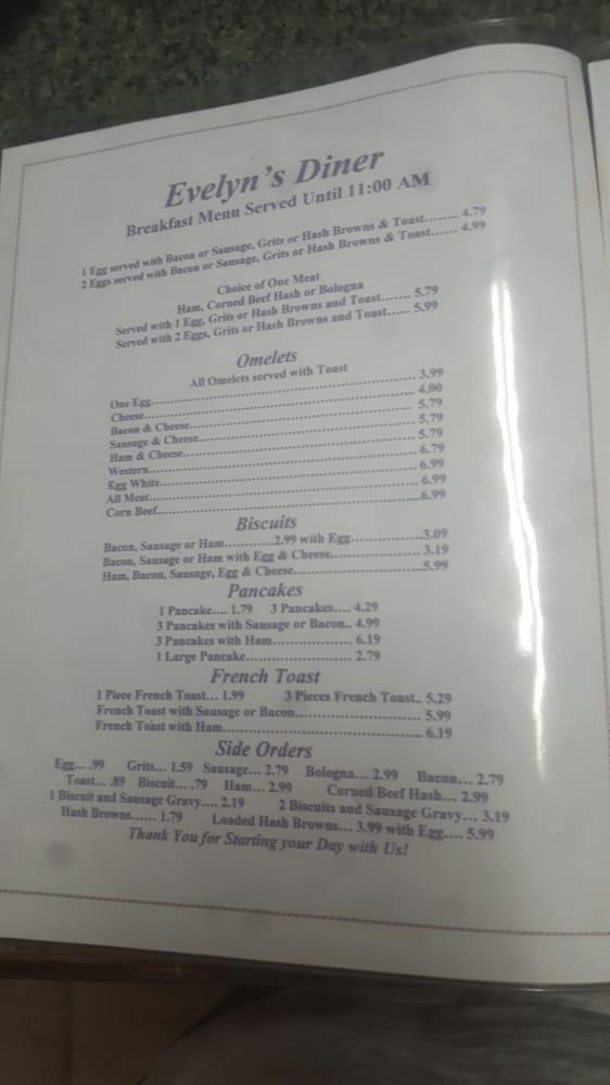Menu at Evelyn's Diner restaurant, Bonneau, 904 Black Oak Rd
