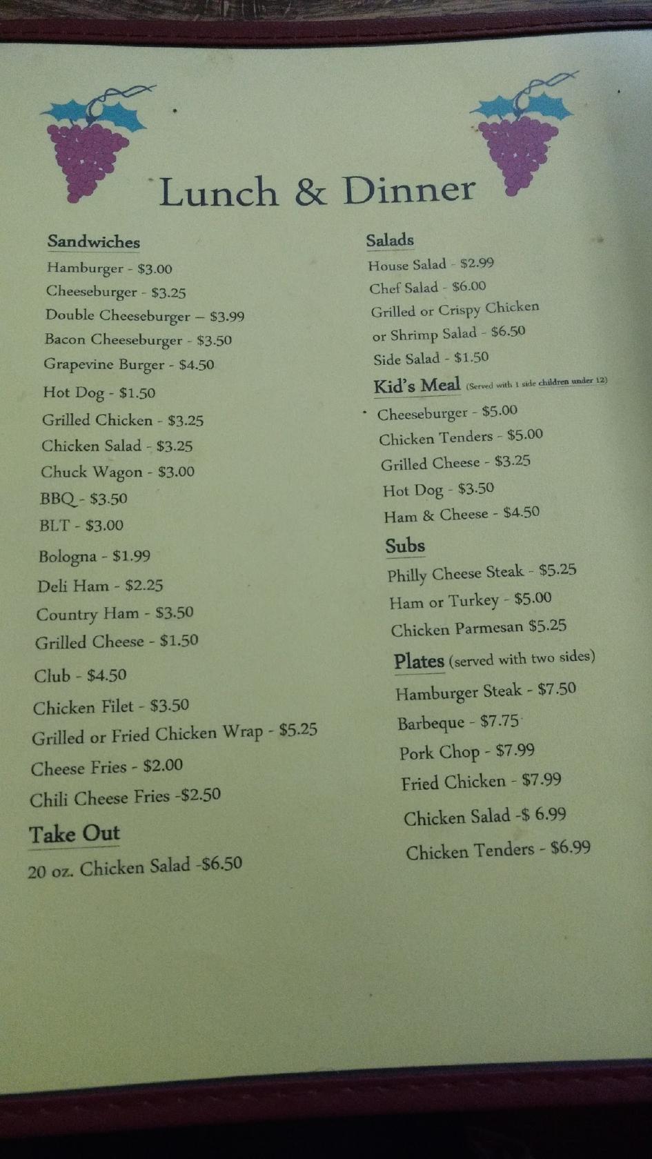 Menu at Grapevine Cafe, Woodland