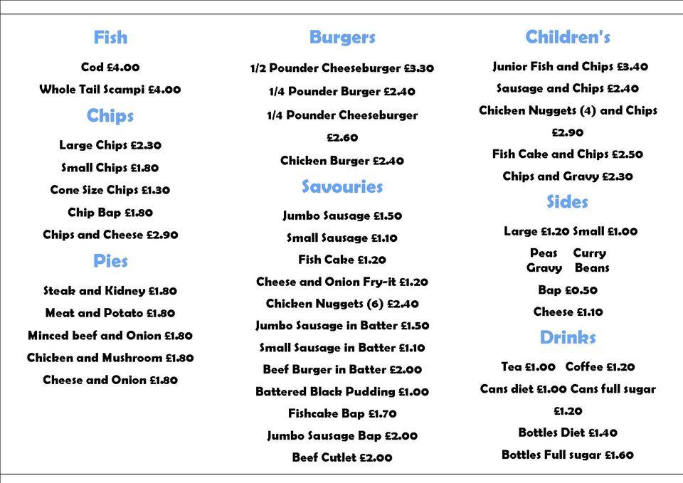 Menu at Greenfield Road Chippy restaurant, Colwyn Bay