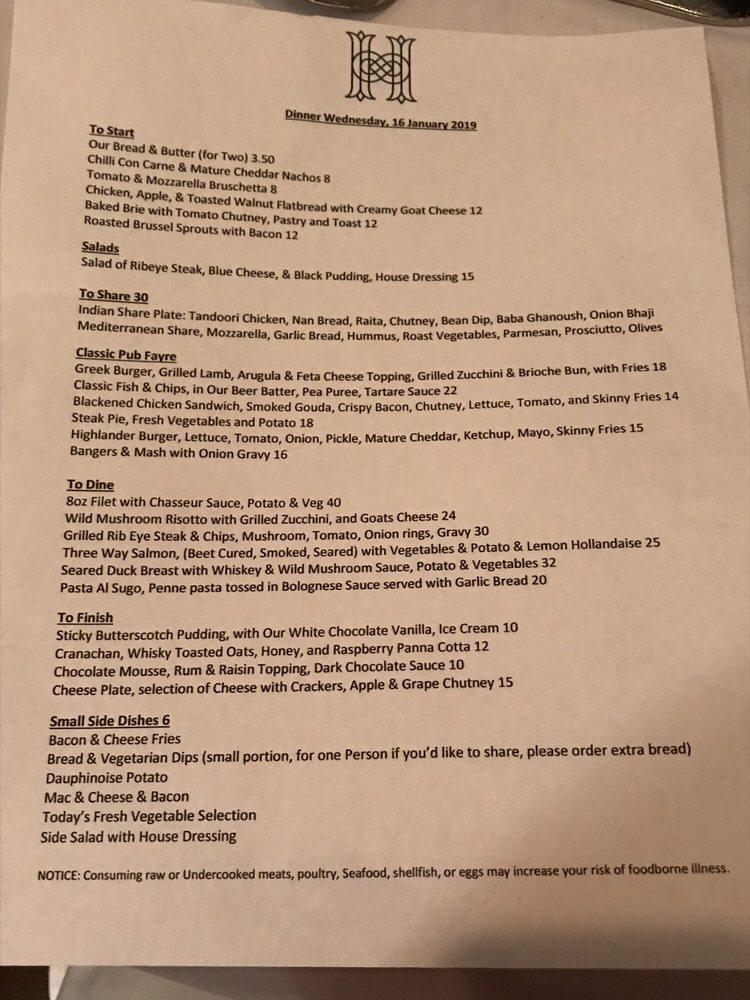 Menu at Highlander Scottish Pub, Collierville