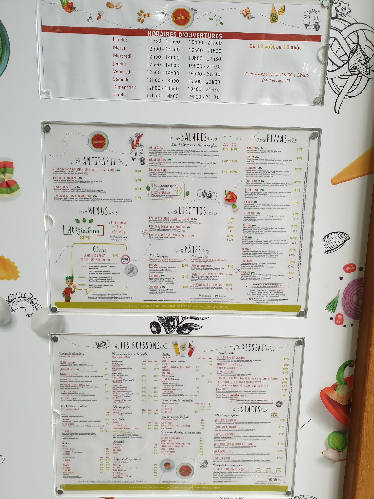 Menu at Il Giardino restaurant, Les Barils