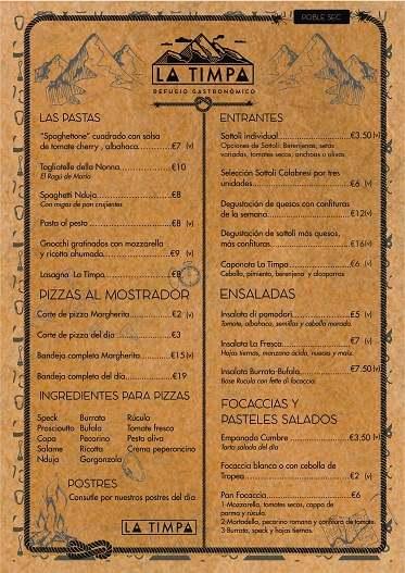 Menu at La Timpa pub & bar, Barcelona
