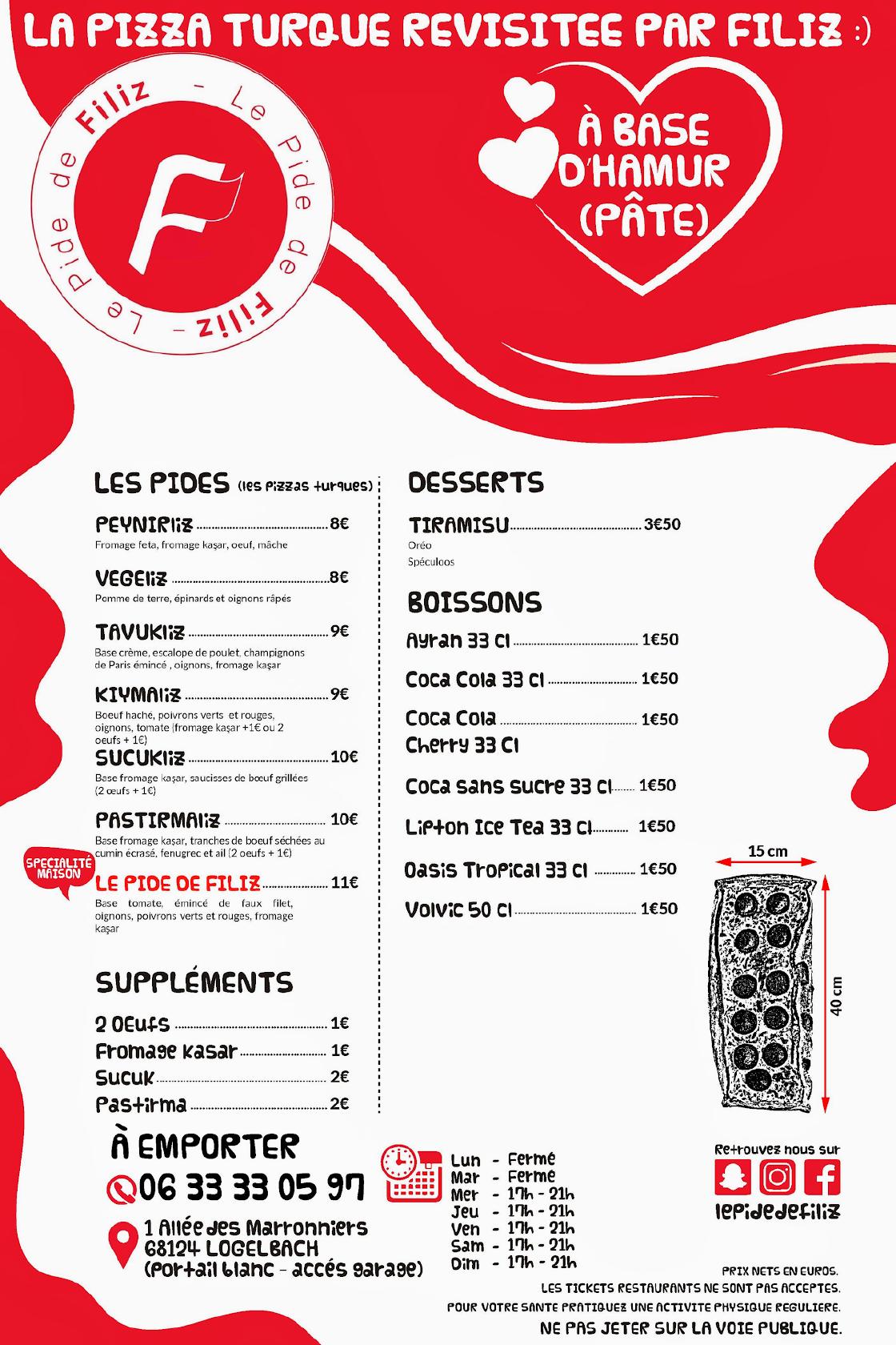 Menu at Le Pide de Filiz pizzeria, Wintzenheim