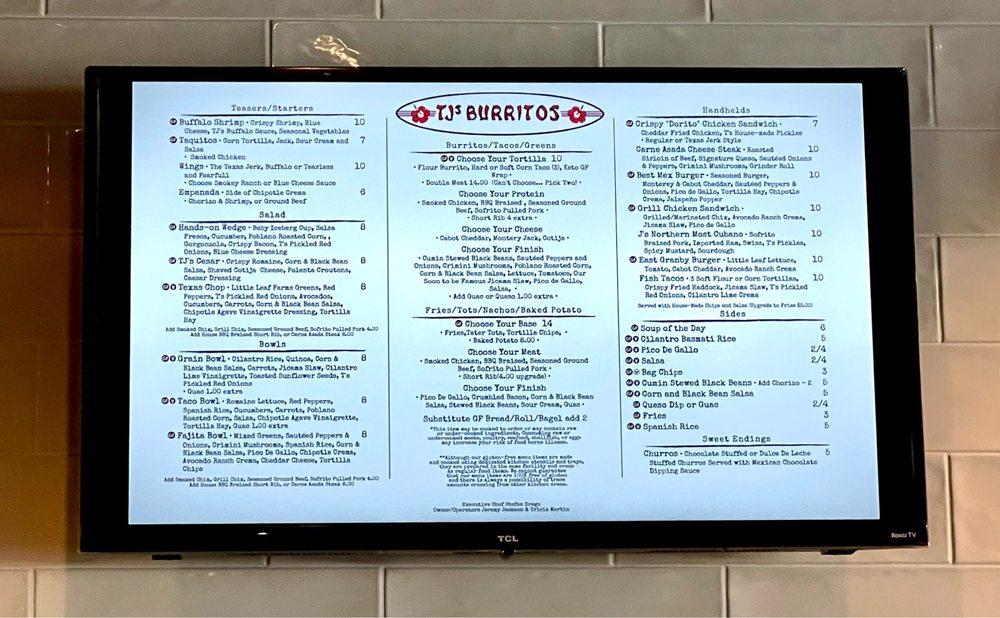 Menu at TJ's Burritos cafe, East Granby