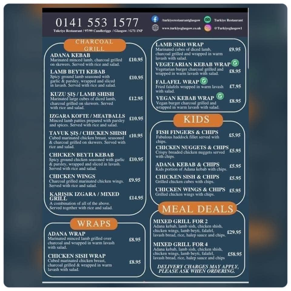 Menu at Turkiye EFES Restaurant, Glasgow