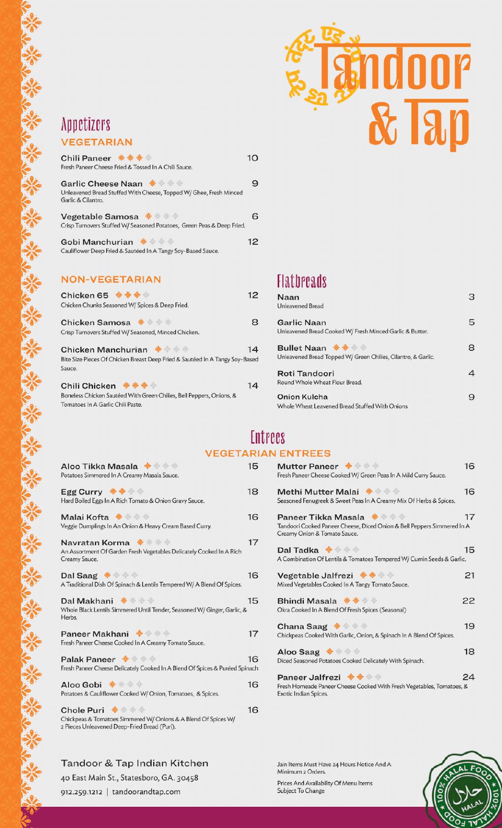 Menu at Tandoor and Tap restaurant, Statesboro