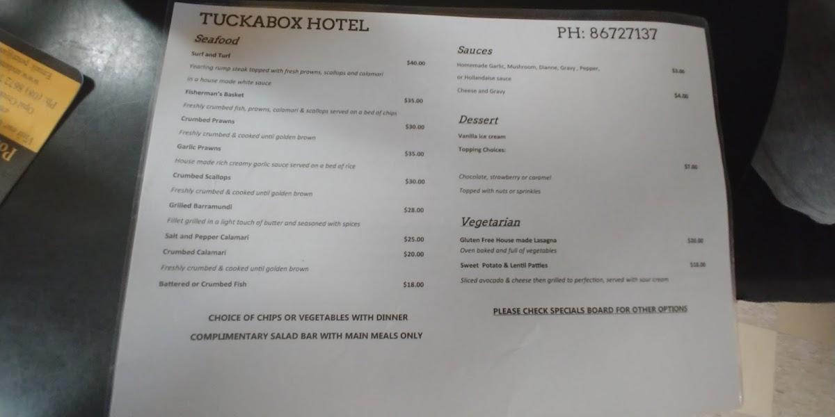 Menu at Tuckabox Restaurant, Andamooka